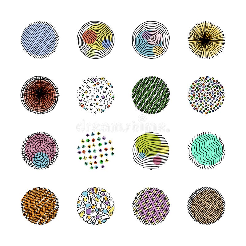 Artistic Set of Handcrafted Design Circle Elements. Wavy Line Textures ...