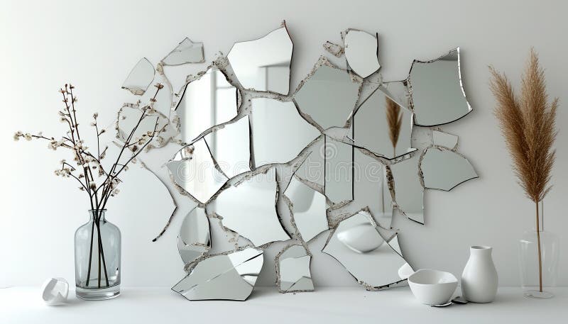 Artistic Shattered Mirror Arrangement Reflecting Natural Elements in a ...