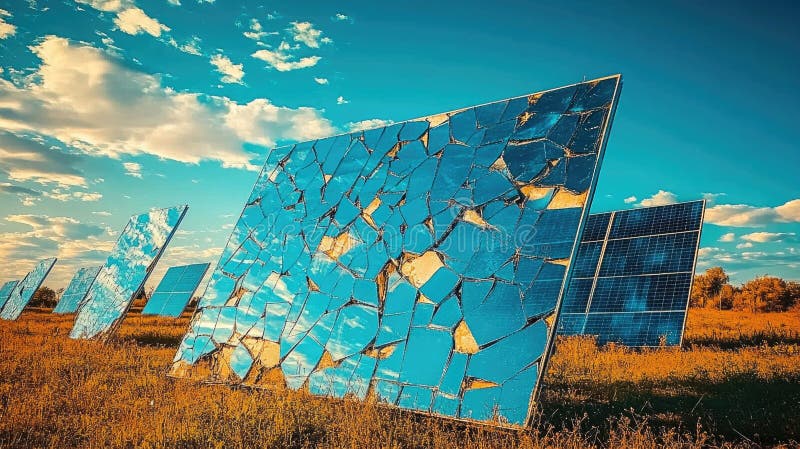 Artistic Shattered Solar Panel Installation Reflecting Blue Skies in a ...