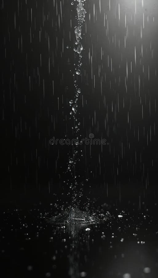 Artistic Shot of Rain Falling on Black Surface, Creating Splash, Reflections. Water Drops ...