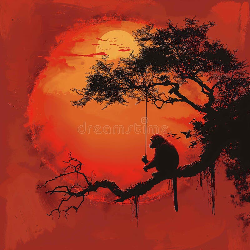 Sunset Silhouette of Monkey Swinging. Stock Illustration - Illustration ...