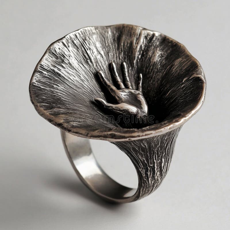 Artistic Silver Ring with Hand Motif on Textured Surface Stock Image ...