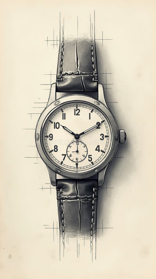 Artistic Sketch of a Classic Wristwatch on Technical Paper Stock ...