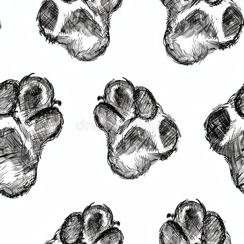 Artistic Sketch Featuring Multiple Dog Paw Prints Arranged in a ...