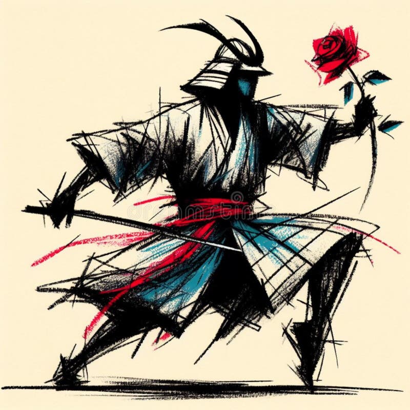 Artistic Sketch of a Samurai in Motion, Holding a Rose, with Dynamic ...