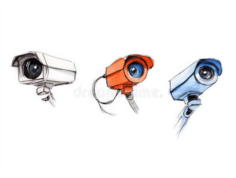 Artistic Sketch Style Illustration of Diverse Surveillance Cameras ...