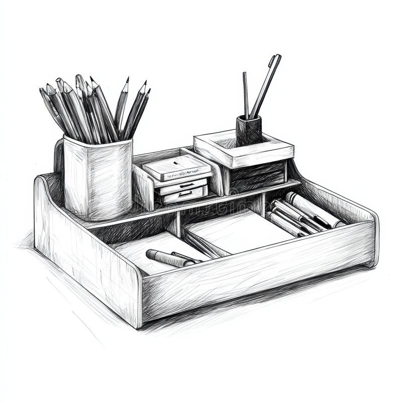 Artistic Sketch of a Wooden Desk Organizer with Stationery Stock ...