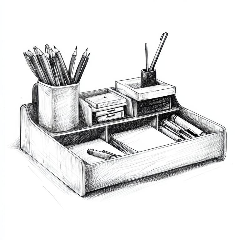 Artistic Sketch of a Wooden Desk Organizer with Stationery Stock ...