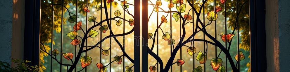 Artistic Stained Glass Window with Leaf Patterns and Sunlight Stock ...