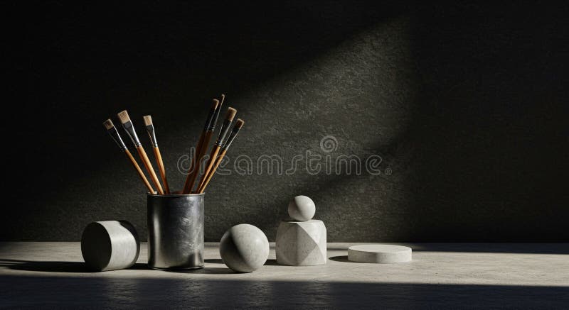 Artistic Still Life with Brushes and Geometric Shapes in Studio Light ...