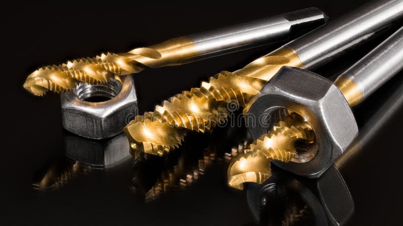 Titanium Coated Spiral Flute Taps and Threaded Nuts on Black Background ...