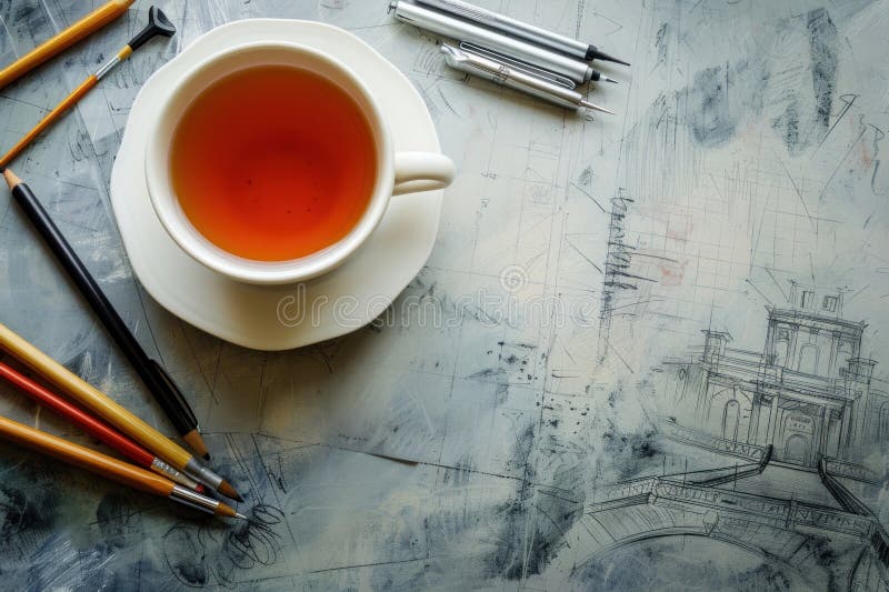 Artistic Still Life with Teacup and Brushes on a Textured Surface Stock ...