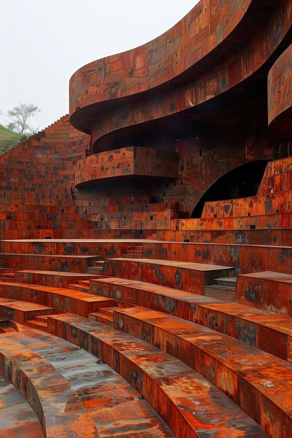 An Artistic Structure Featuring Winding, Rust-colored Steps and Layered ...