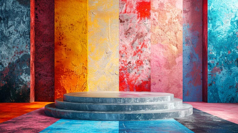 Artistic Studio Space Featuring Vibrant Colored Walls and a Stage ...