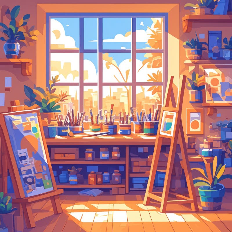 Artistic Studio with Window View Illustration Stock Illustration ...