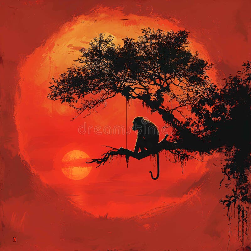 Artistic Sunset Monkey in Silhouette. Stock Illustration - Illustration ...