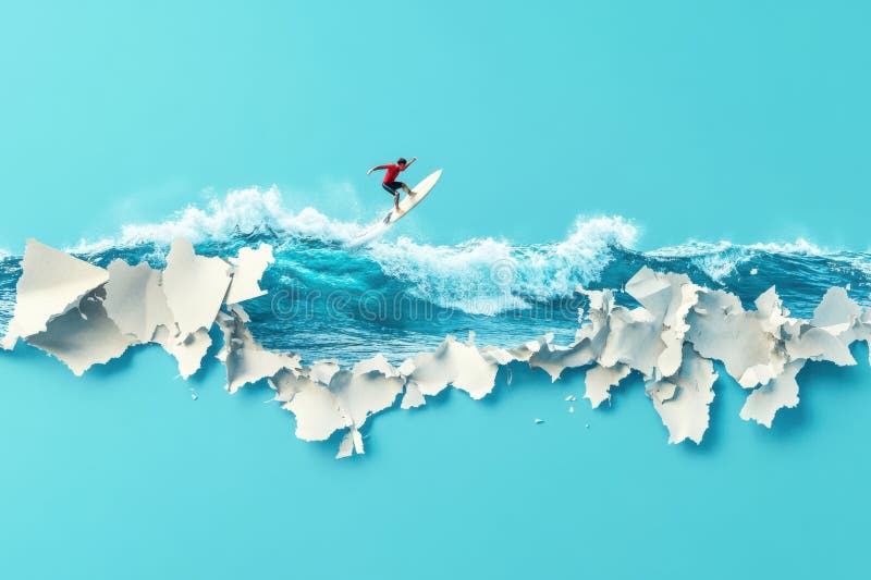 Artistic Surfing Scene with Torn Paper Layers Stock Illustration ...
