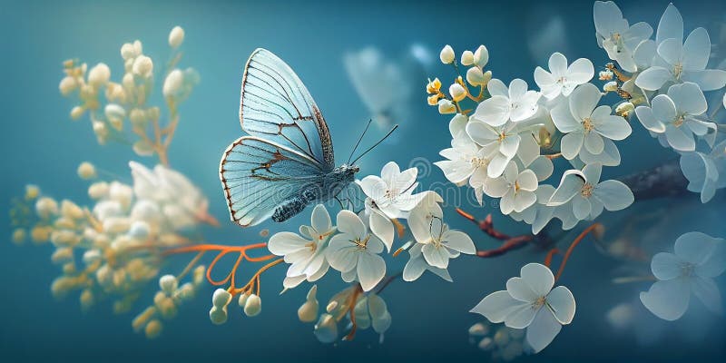 Artistic Surrealism Tree with White Flowers and Butterflies on a Blue ...