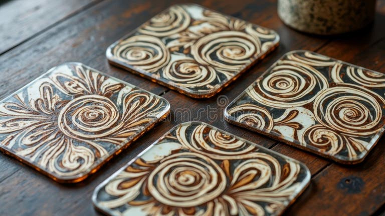 Artistic Swirl Pattern Ceramic Coasters on Wooden Table Surface Stock ...