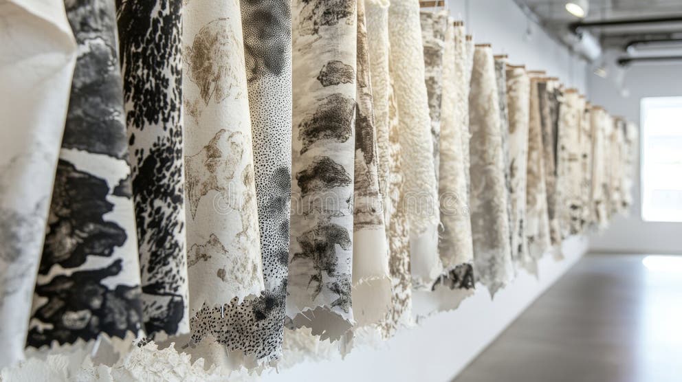 Artistic Textile Samples with Abstract Black and White Patterns Hanging ...