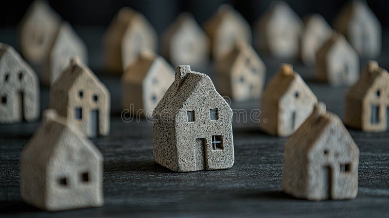Artistic Tiny Sandstone Houses Arranged on a Matte Black Surface ...