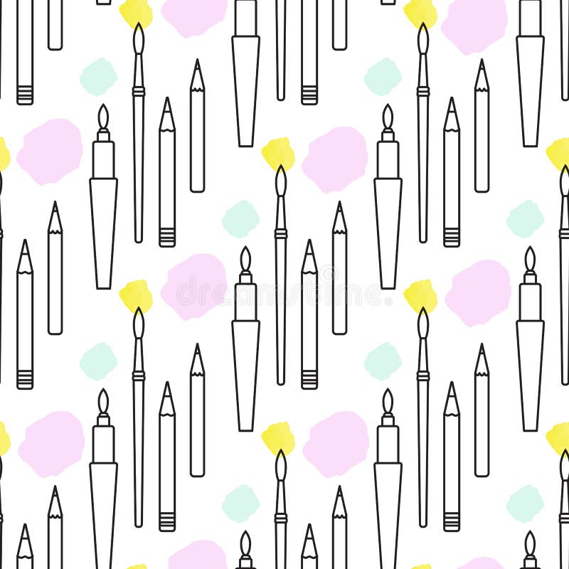 Artistic Tools and Abstract Paint Stains Seamless Vector Pattern Stock ...