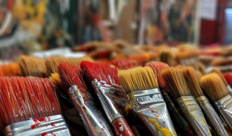 Artistic Tools. Close-Up of Painter S Brushes with Leftover Paint Stock ...