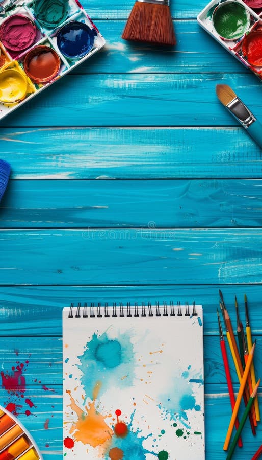 Artistic Top Down View of a Creative Work Desk with Brushes, Palette ...
