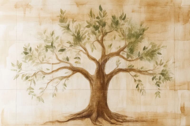 Artistic Tree Drawing with Green Leaves on Textured Background Stock ...