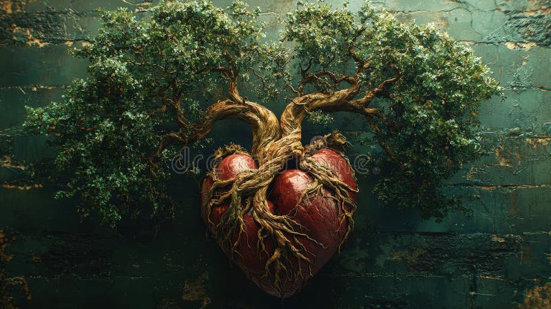 Artistic Tree with Heart-shaped Roots on Green Wall Stock Photo - Image ...
