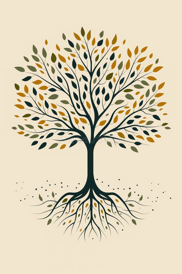 An Artistic Tree Illustration Featuring Colorful Leaves and Intricate ...