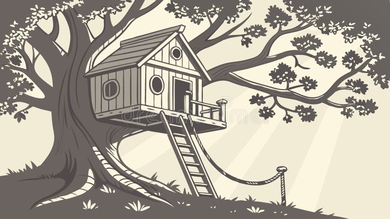 Artistic Treehouse Line Art with Sun Rays, Vector Design Generative AI ...
