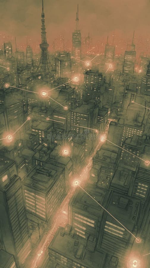 Artistic Urban Scene with Connected Lights and Towers Stock ...