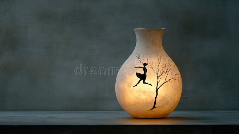 Artistic Vase with Illuminated Design of a Dancer and Tree Shadow Stock ...