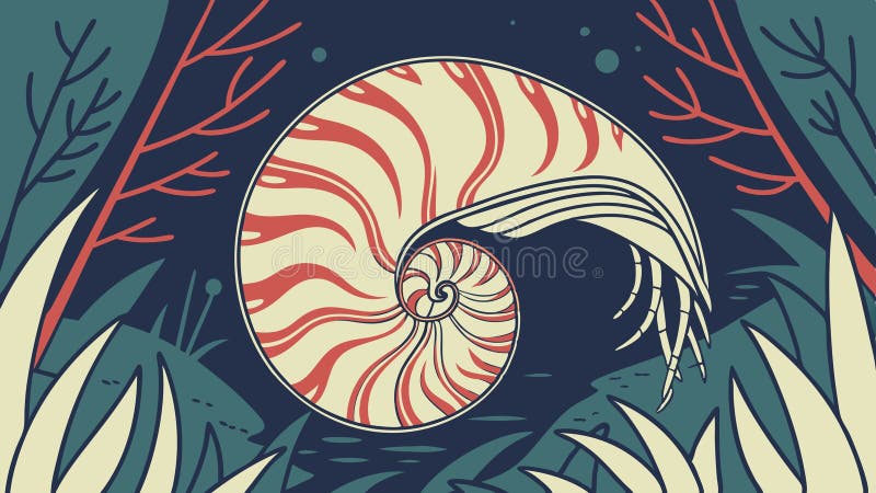 Nautilus Shell in a Lush Forest with Abstract Plants, Vector Design ...