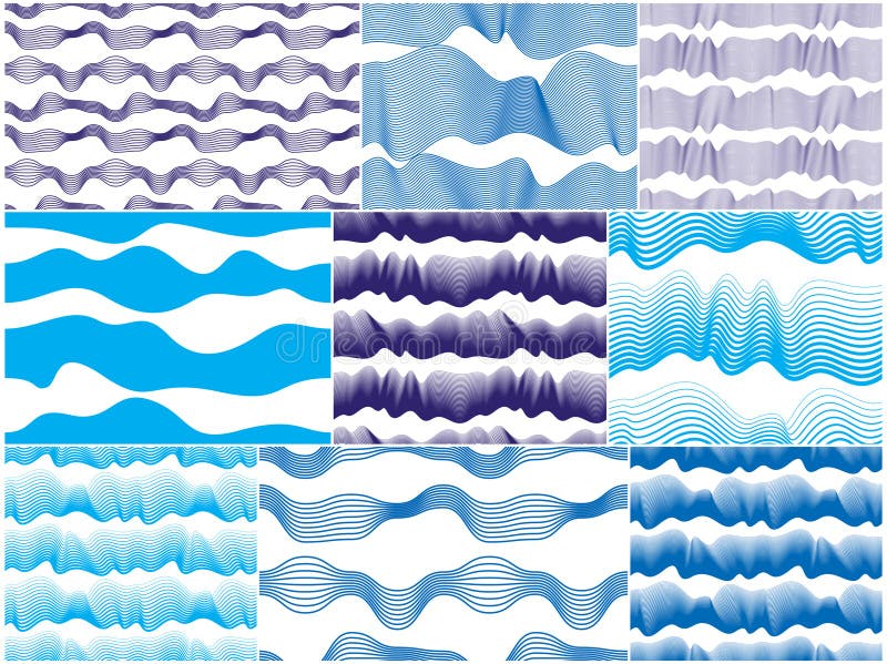 Artistic Vector Seamless Patterns Set with Stylized Waves, Blue Stock ...