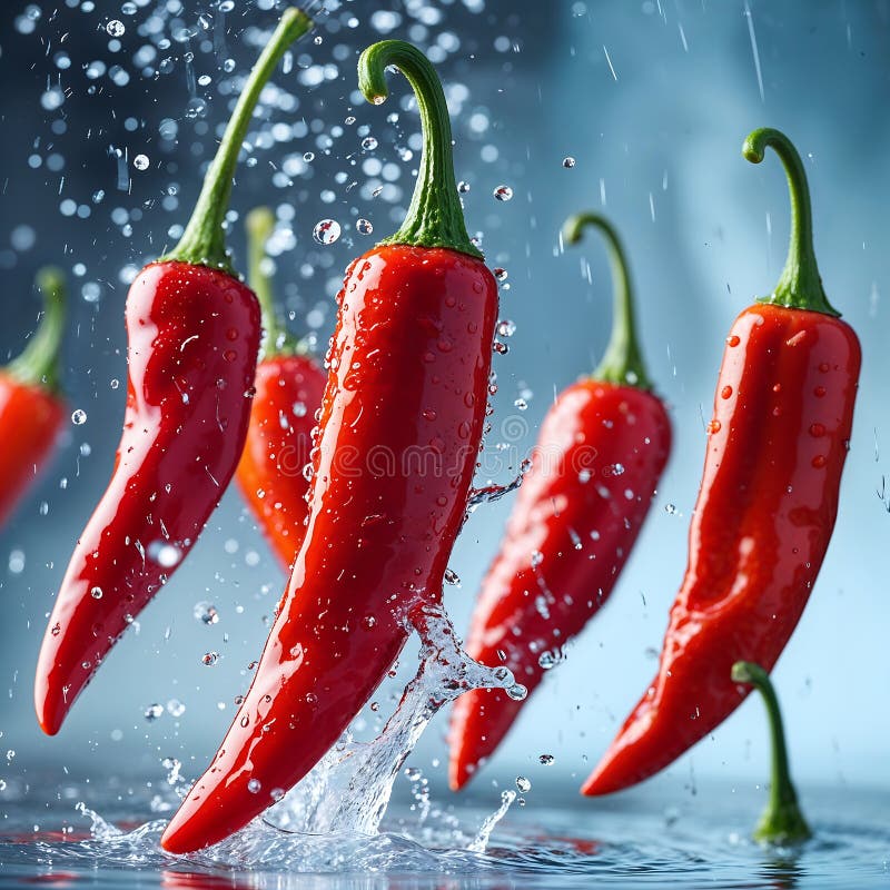 Artistic Vertical Image of Red Chili Peppers with Water Splash Stock ...