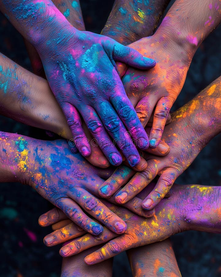 Stacked Hands Covered in Holi Powder, Symbolizing Unity and Diversity ...