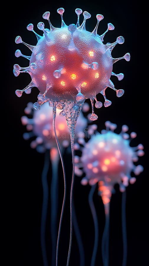 Artistic Visualization Shows Glowing Virus Cells with Spiky Protrusions ...
