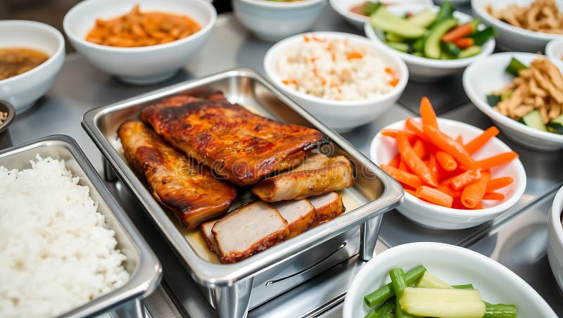 A Buffet Table with Roasted Pork Belly Steamed Rice and Pickled ...
