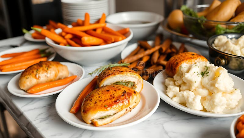 A Buffet Table with Stuffed Chicken Breasts Roasted Carrots and Mashed ...