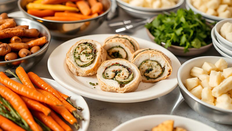 A Buffet Table with Stuffed Chicken Breasts Roasted Carrots and Mashed ...