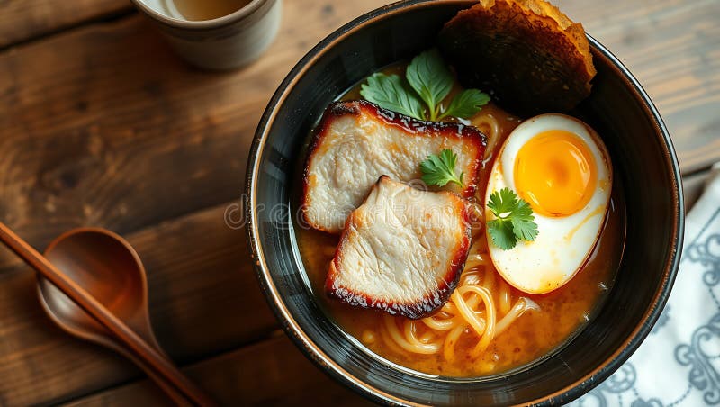 A Rustic Table with a Bowl of Ramen Topped with Pork Belly and a Soft ...