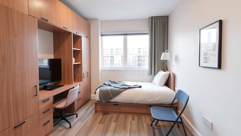 A Small Studio Room with a Murphy Bed Compact Desk and Foldable Chairs Stock Illustration ...