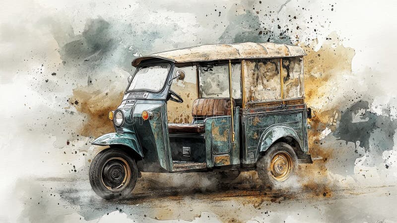 Vintage Auto Rickshaw with Artistic Watercolor Background Stock ...