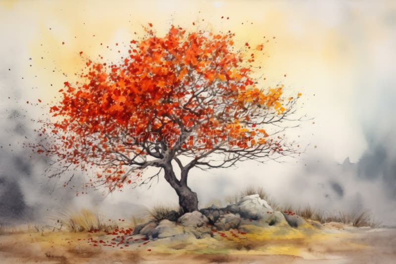 An Artistic Watercolor Rowan Tree with Red Leaves Stock Illustration ...