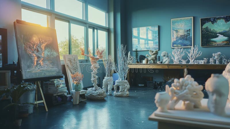 Artistic Workshop Showcase Handmade Sculptures in a Bright Studio ...