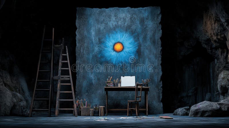 Artistic Workspace with Blue Mural Table and Paints in a Creative ...