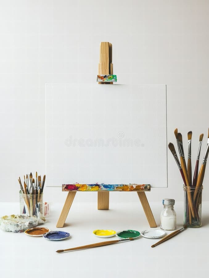 Artistic Workspace Features Colorful Paint Palette Brushes and Easel ...