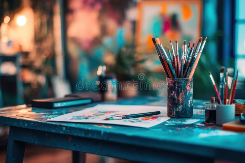 Creative Workspace with Art Supplies and Painted Sheets in a Bright ...